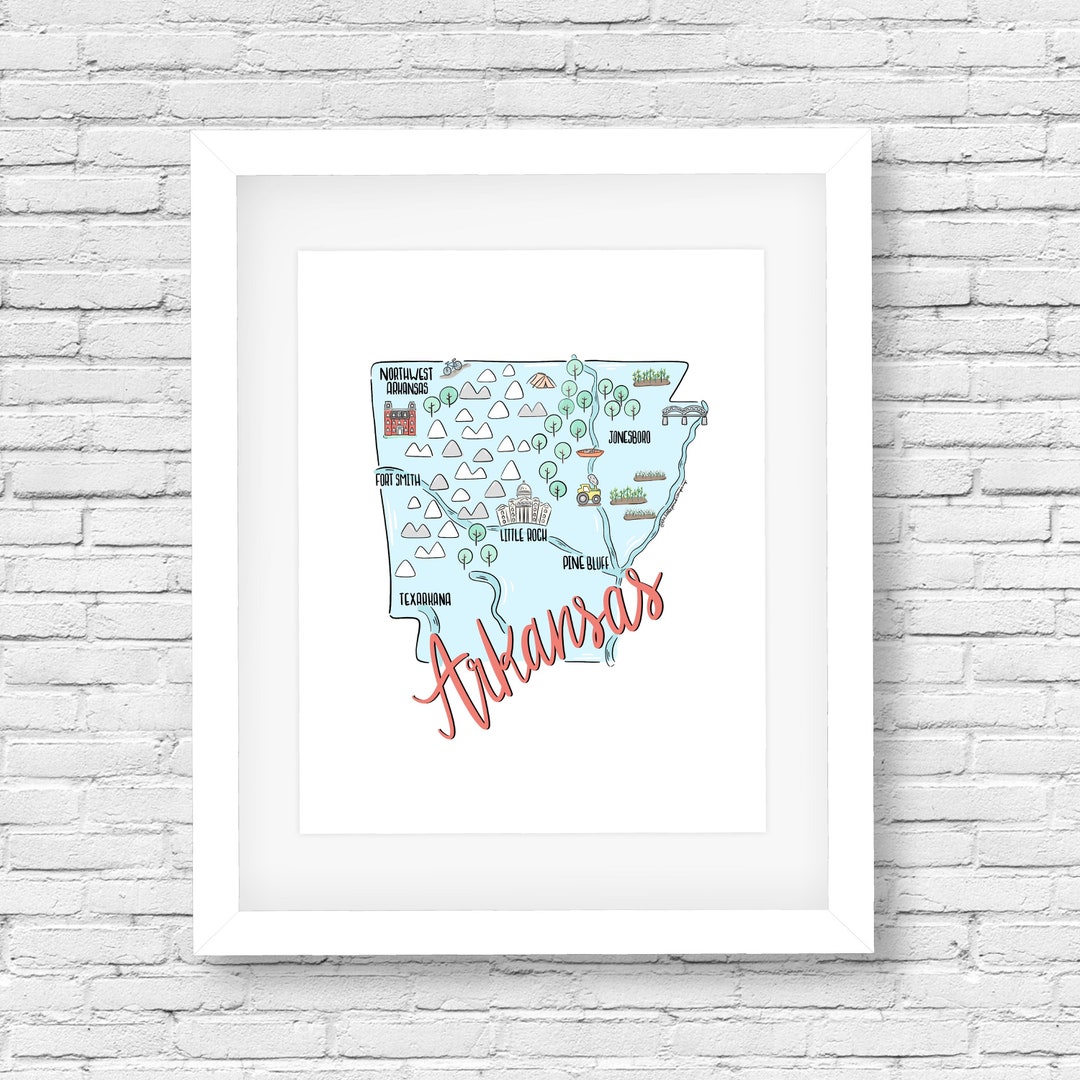 PRINT - Hand-illustrated Arkansas Landmark Map - Etsy