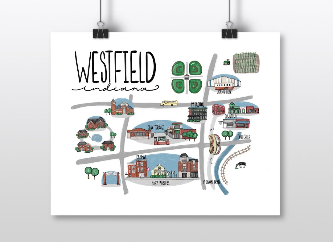 PRINT - Westfield, Indiana Landmark Map Illustration - Etsy