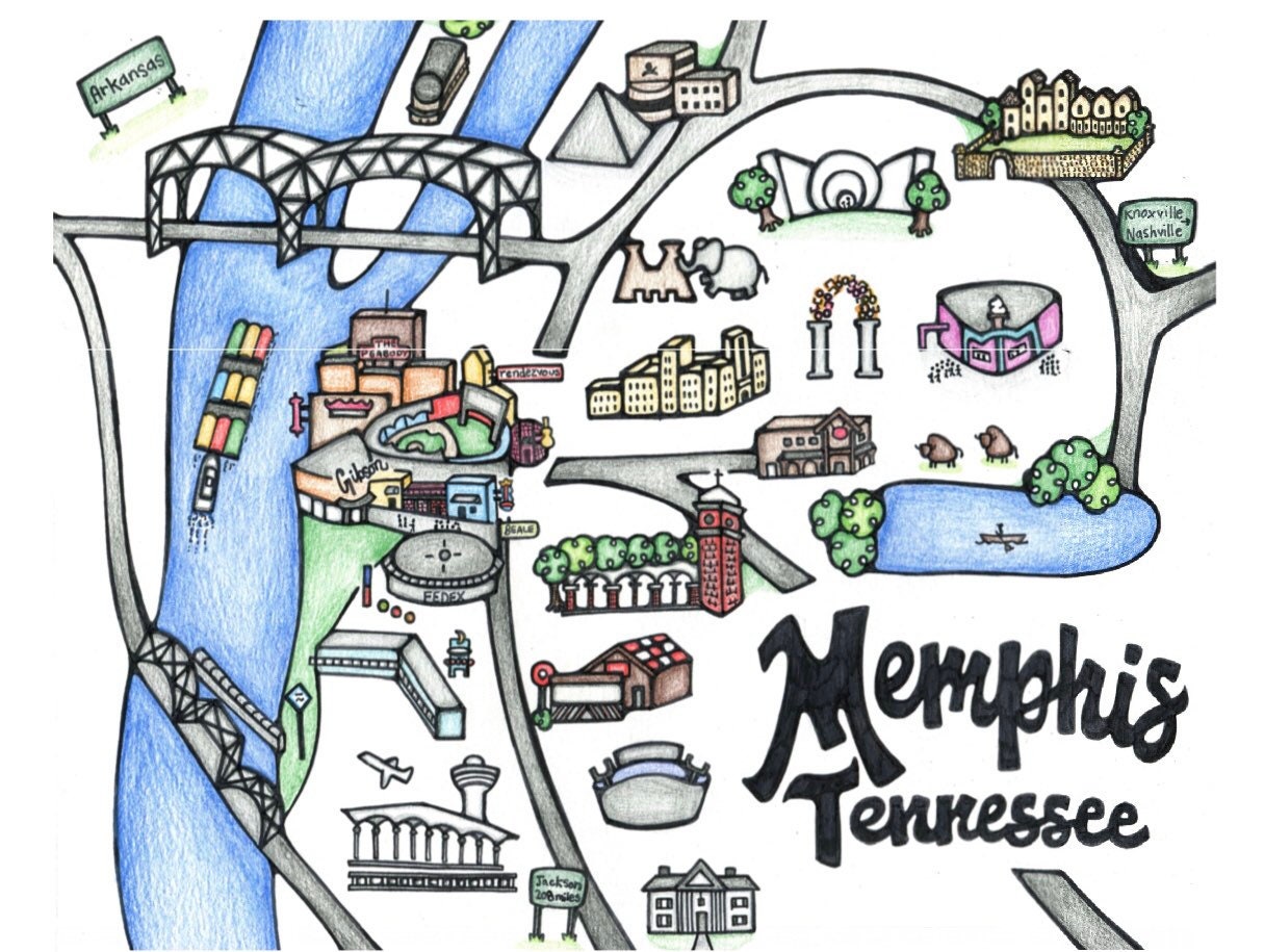 Print Hand-illustrated cartoon map of Memphis Tennessee | Etsy