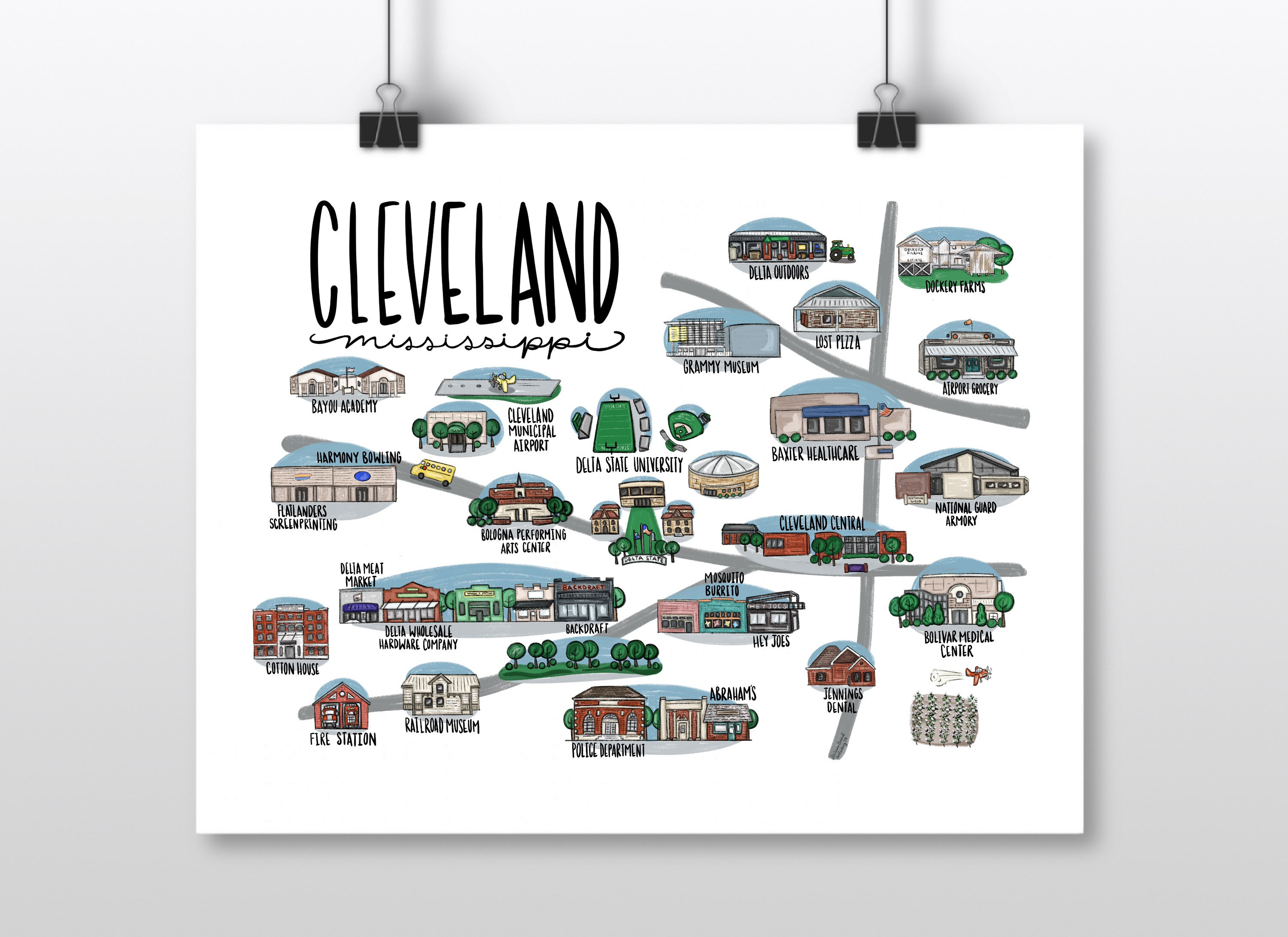 PRINT Cleveland Mississippi Landmark Map | Etsy