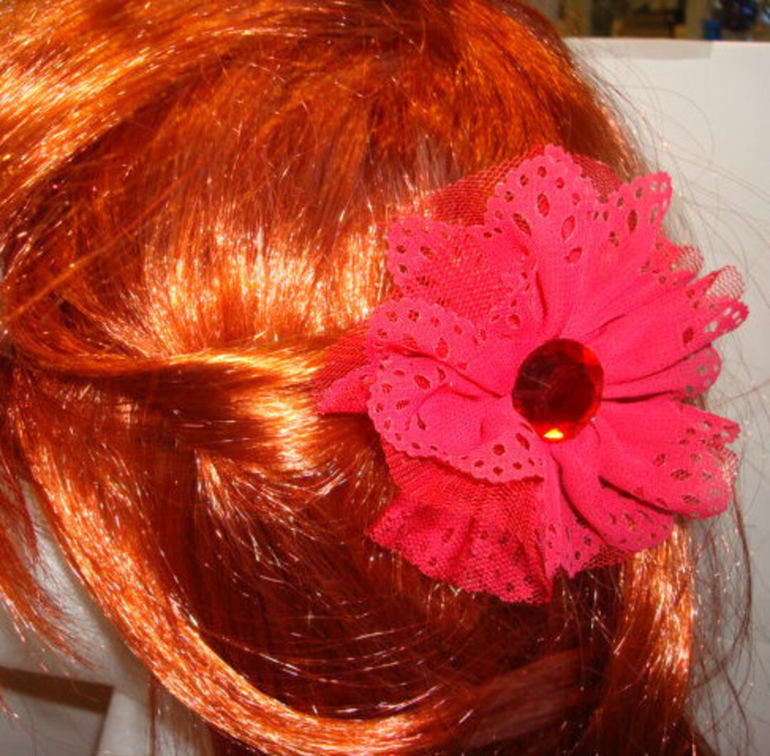 Red Florette Barrette / Red Chiffon Like With Center Crystal Barrette ...