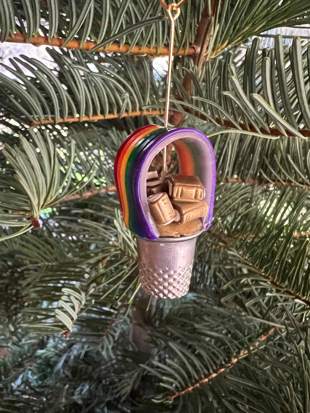 Rainbow of Reading, Polymer Clay Thimble Ornament, Gold Books, Rainbow ...