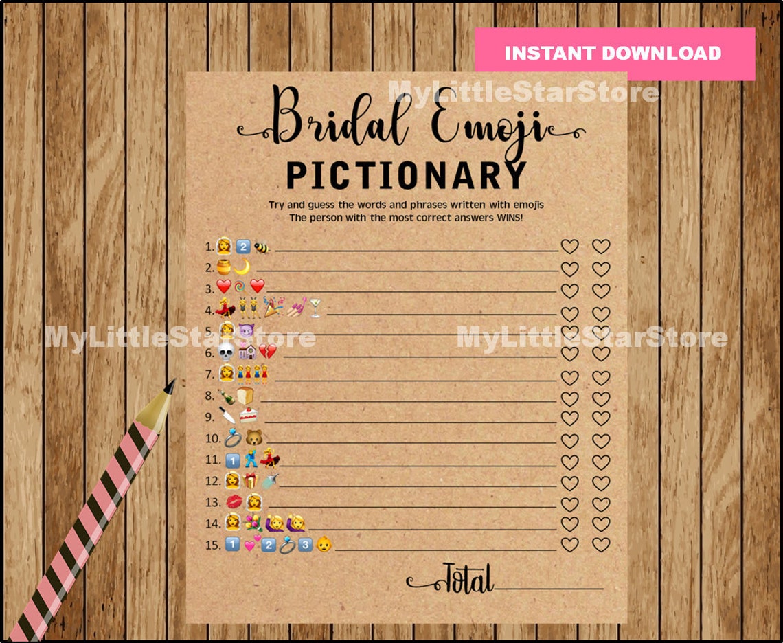 Bridal Shower Game Pictionary EMOJI Pictionary Rustic Bridal - Etsy