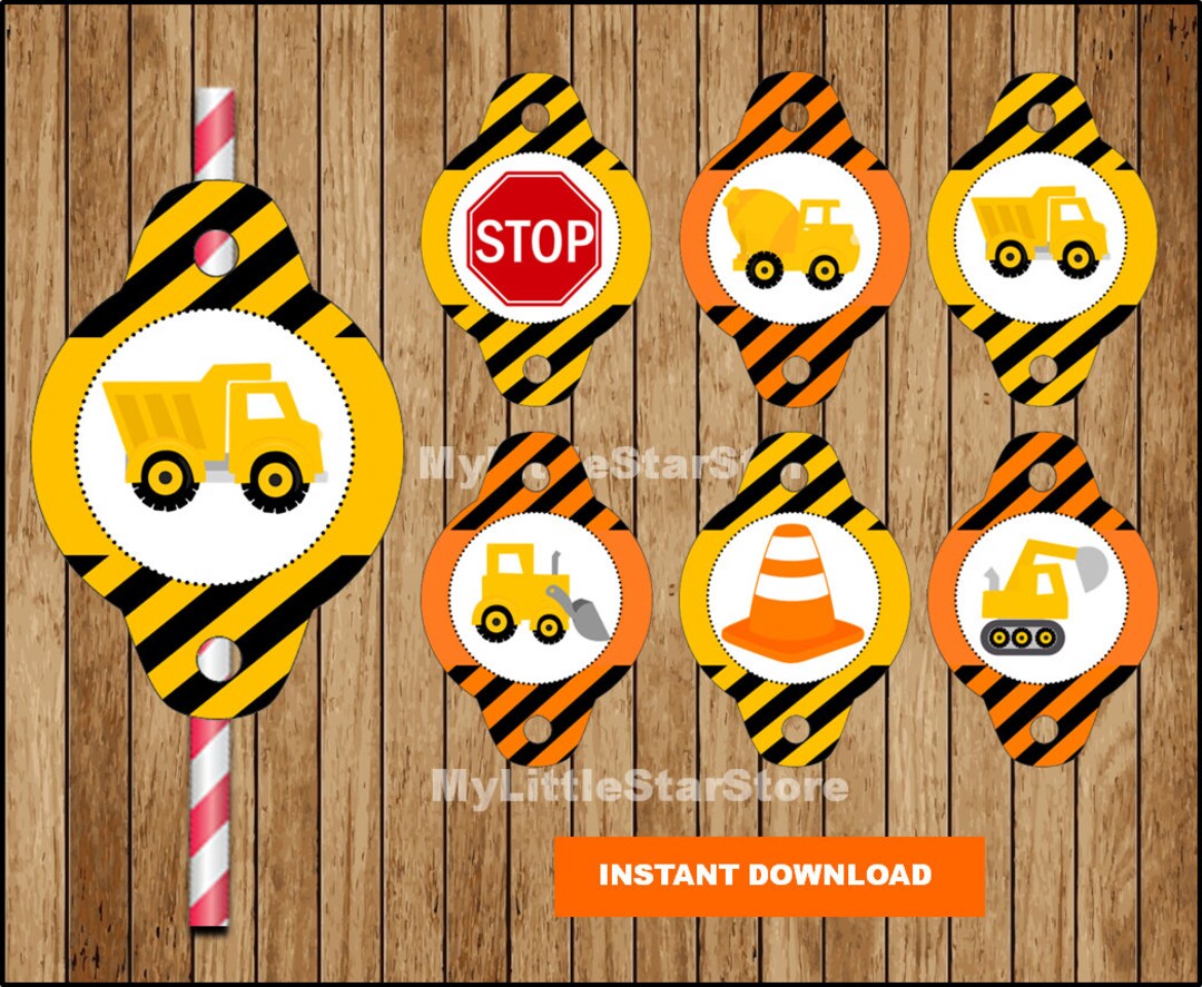 Construction Straw Toppers, Printable Construction Straw Tags ...
