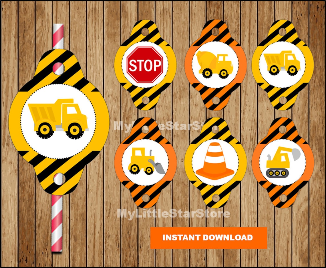 Construction Straw Toppers Printable Construction Straw Tags - Etsy