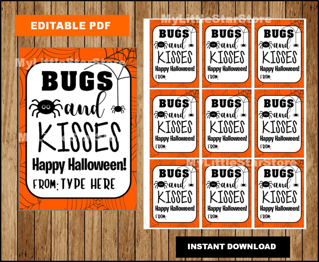 Bugs and Kisses Tags, Printable Halloween Gift Tags, Spiders, Candy ...