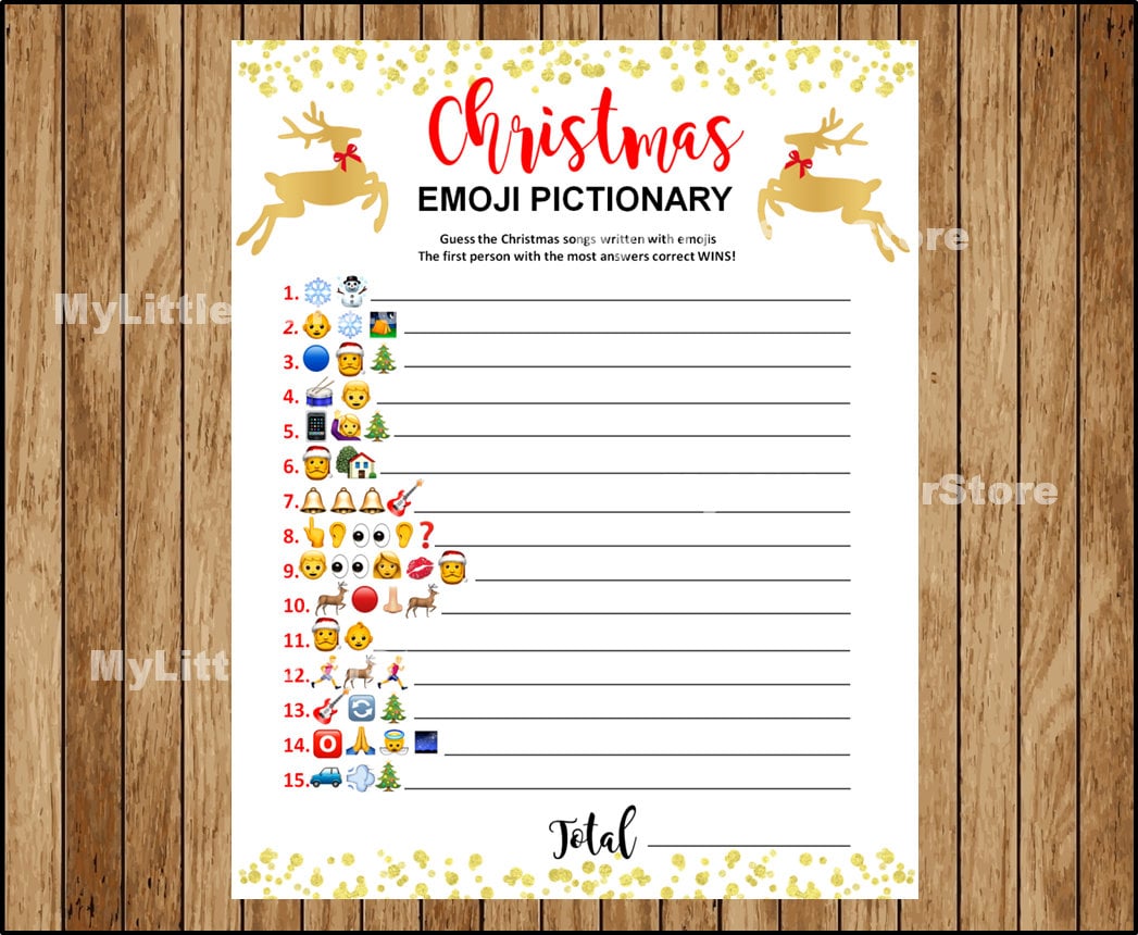 Christmas Songs Emoji Pictionary , Printable Christmas Party Game, Gold ...