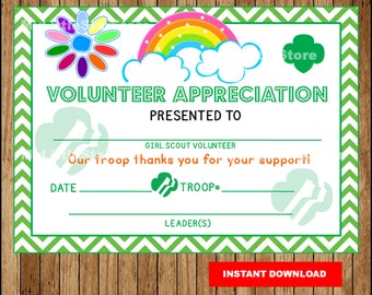 Girl Scout Volunteer Appreciation Certificate Printable PDF - Etsy