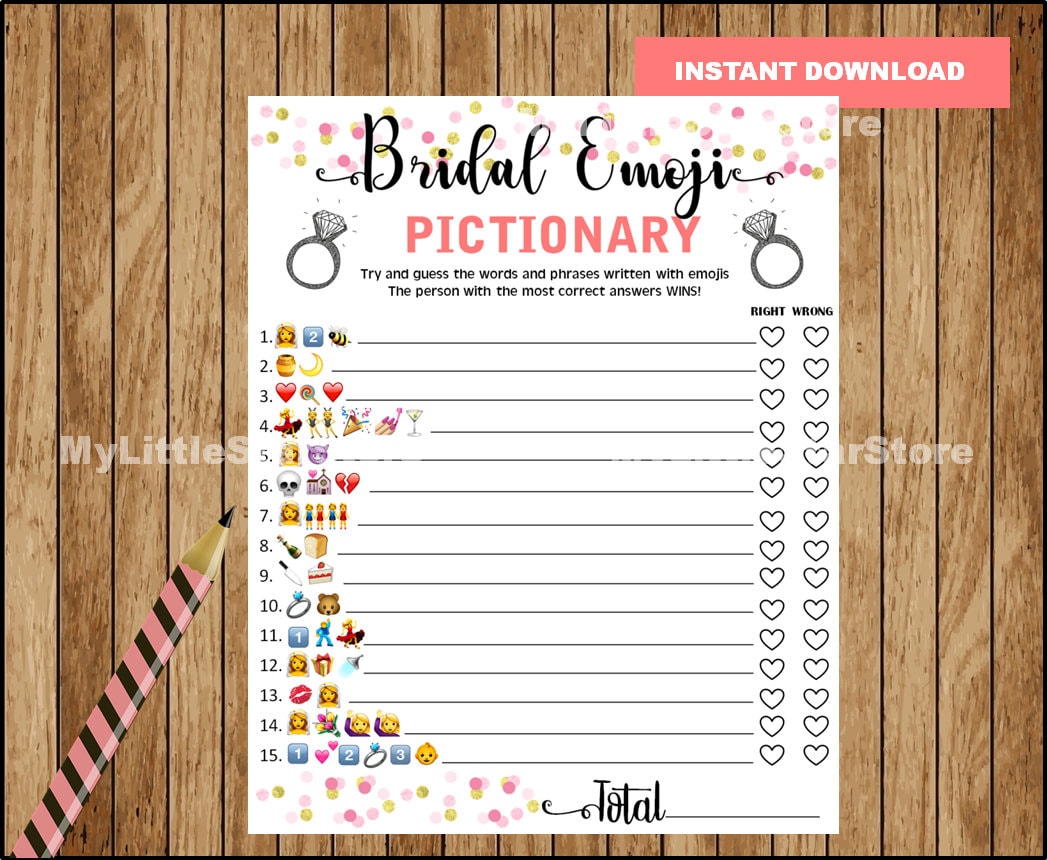 Bridal Shower Game Pictionary , Printable EMOJI Pictionary, Coral and ...