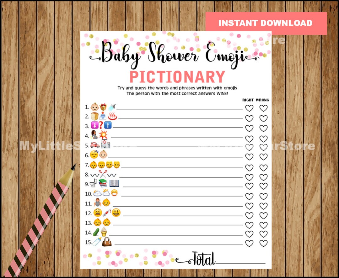 Baby Shower Game Pictionary, Emoji Pictionary Game , Coral and Gold ...