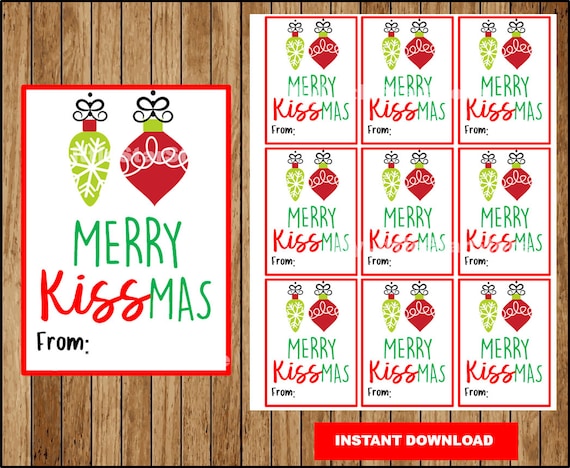 Merry Kissmas gift Tags Printable Christmas tags Christmas | Etsy