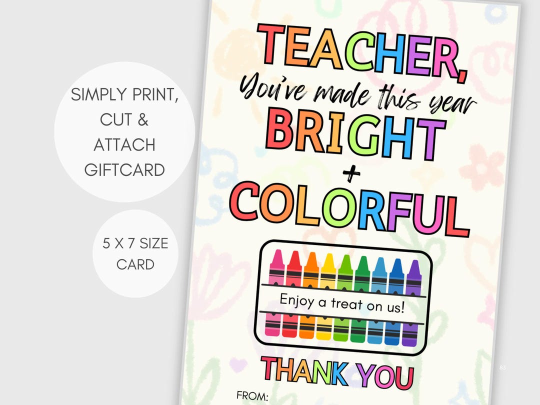 Crayon Thank You Card | Teacher Appreciation Gift Card | Rainbow ...