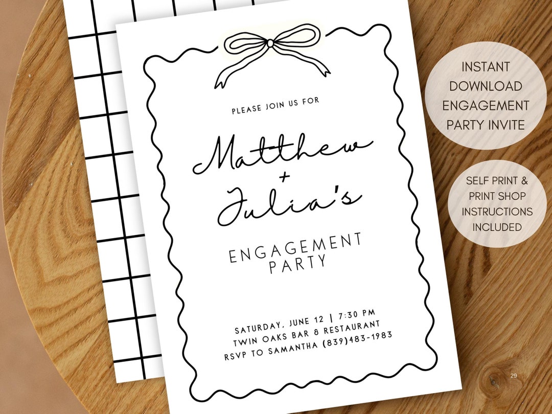 Bow Engagement Party Invite | Wavy Border Black & White Celebration ...