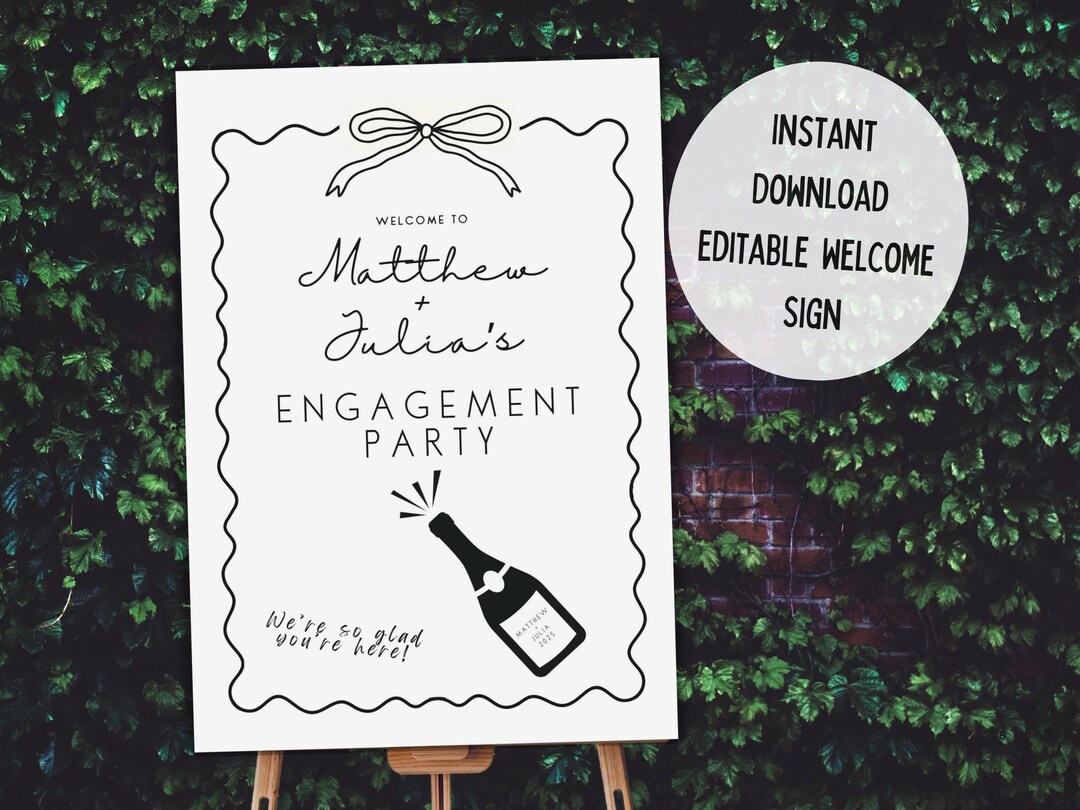 Bow Engagement Party Welcome Sign | Wavy Border Black & White ...