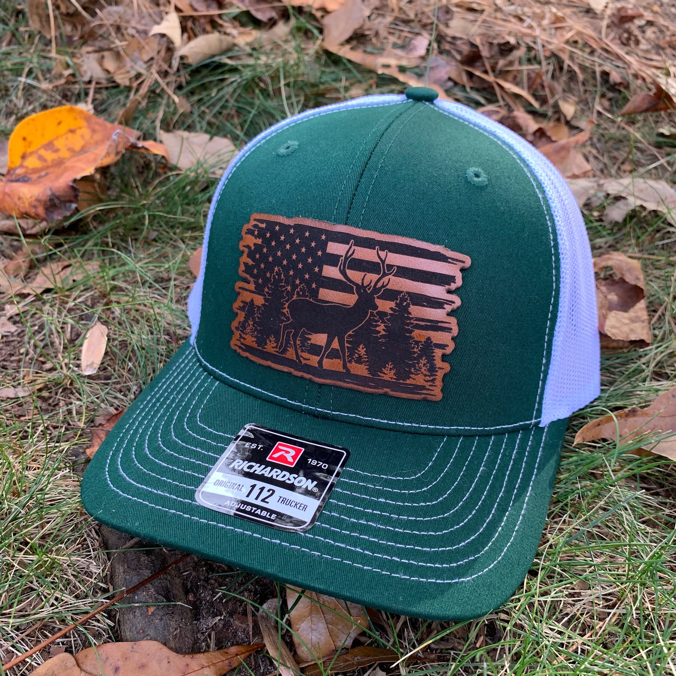 Leather Patch Hat, Deer American Flag Hunting Hat, Trucker Cap, Outdoor ...