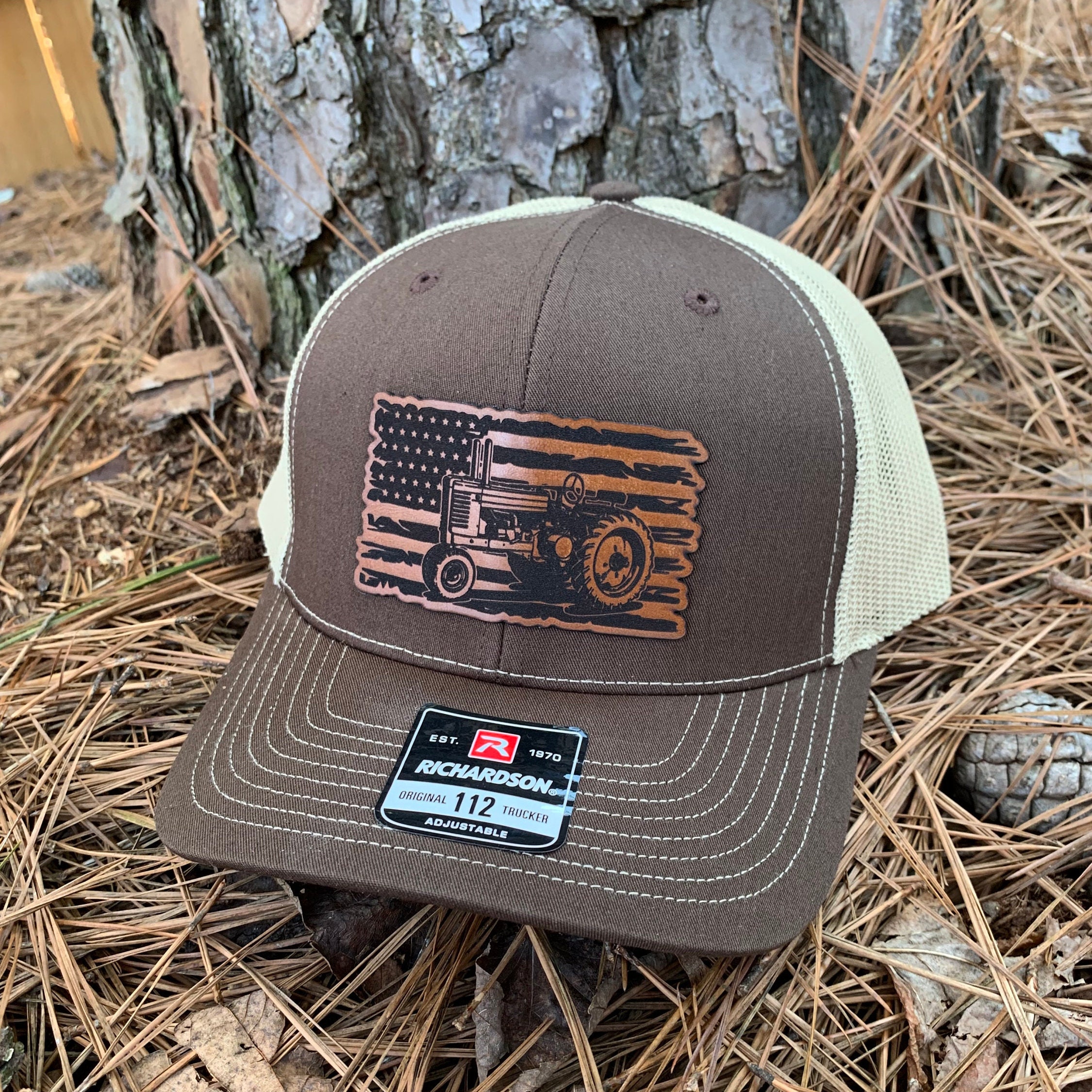 Leather Patch Hat, Antique Tractor Hat, American Flag Hat, Trucker Cap ...
