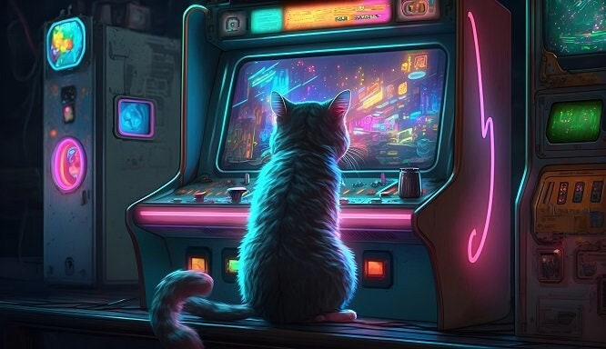 PC Gamer Wall Art | Arcade Machine, Cyberpunk Cat, High Res, Neon ...