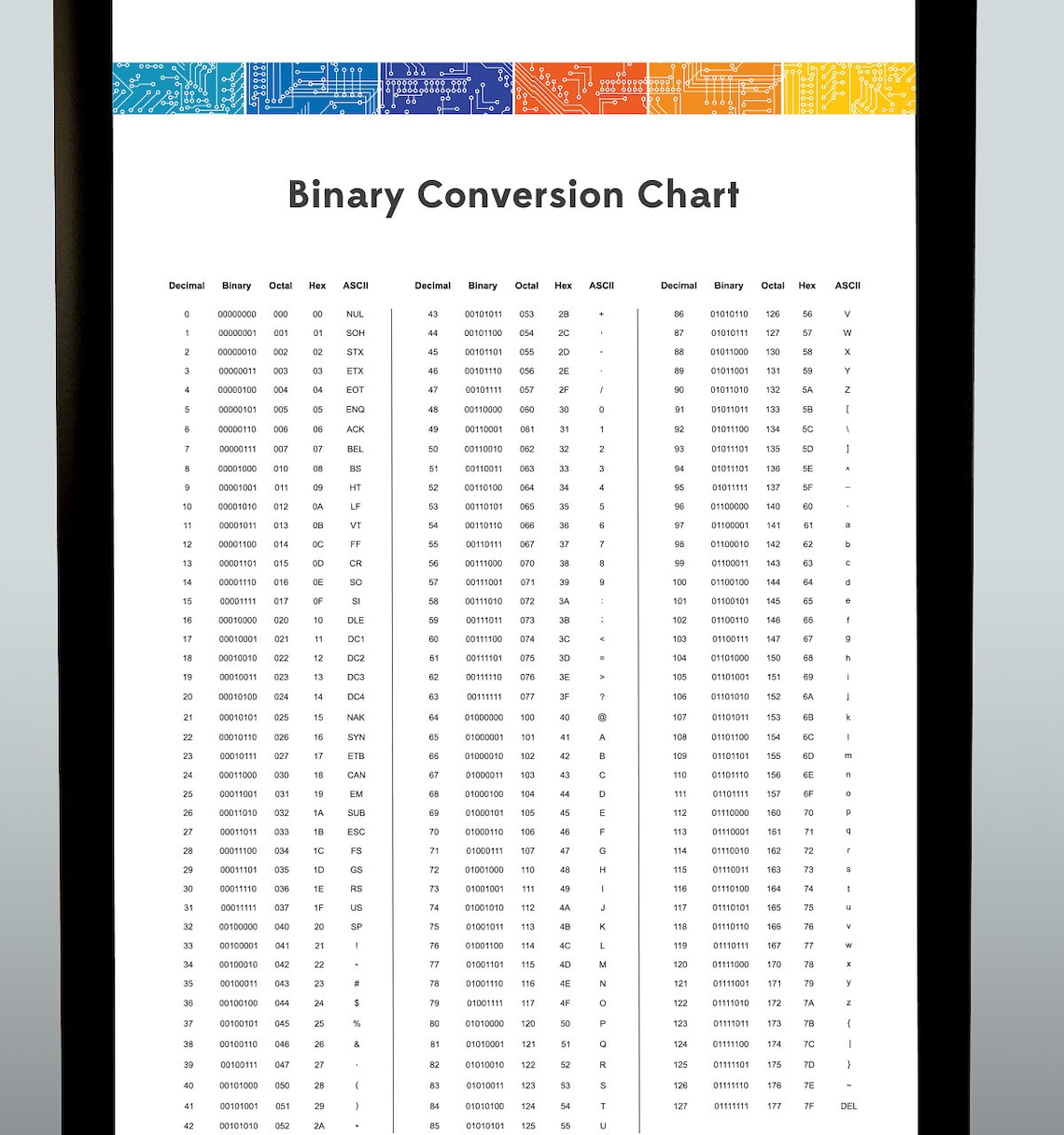 Decimal, Binary, Octal, Hex, ASCII Conversion Chart, Professional ...