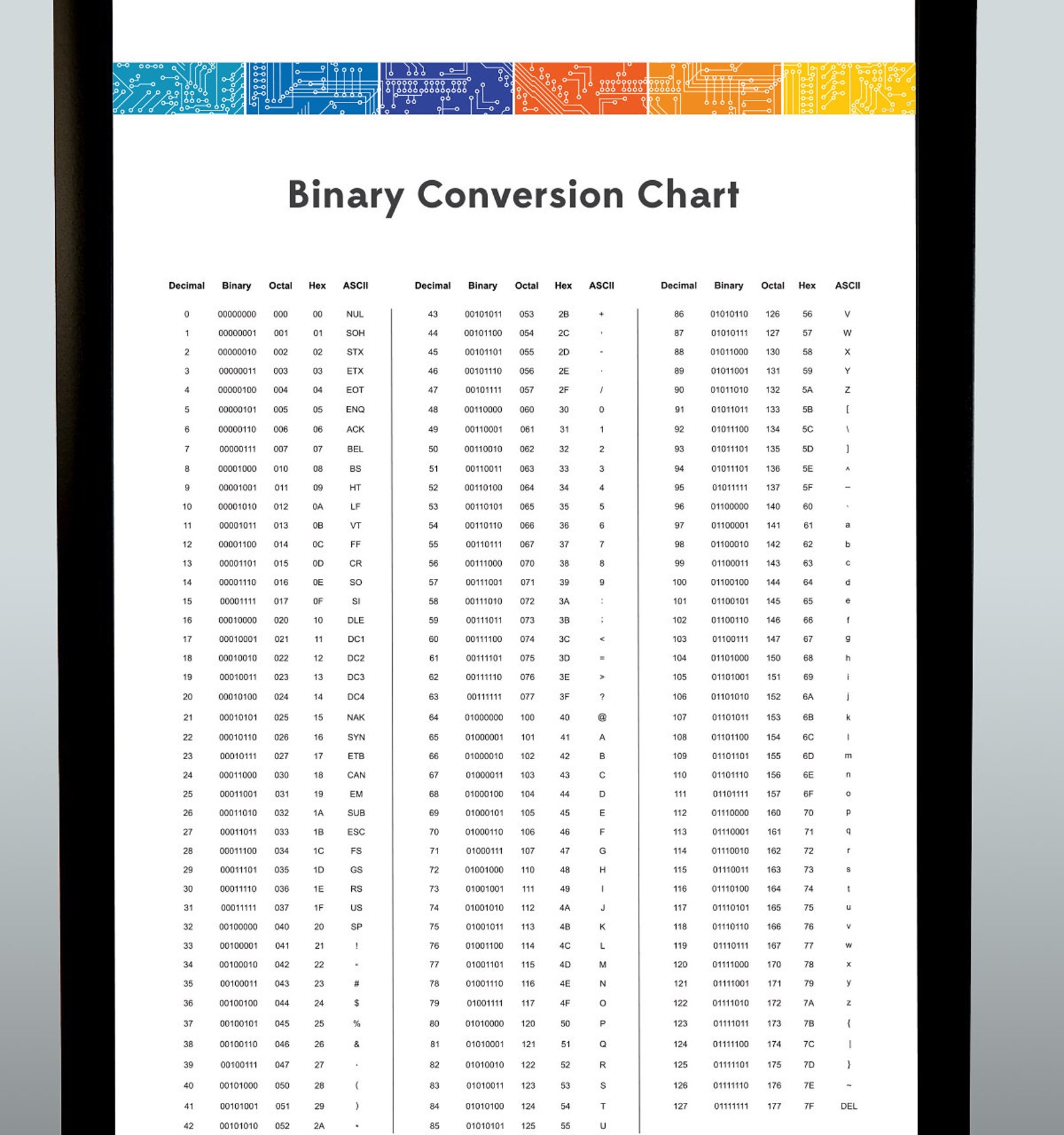 Decimal, Binary, Octal, Hex, ASCII Conversion Chart, Professional ...