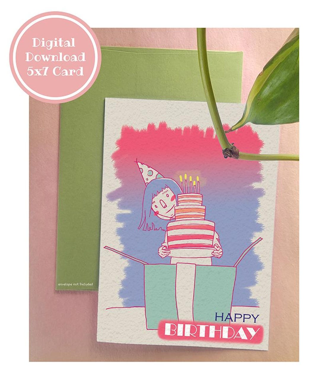 Cute Girl Birthday Cake Card | Printable 5x7 (PDF File) - Etsy