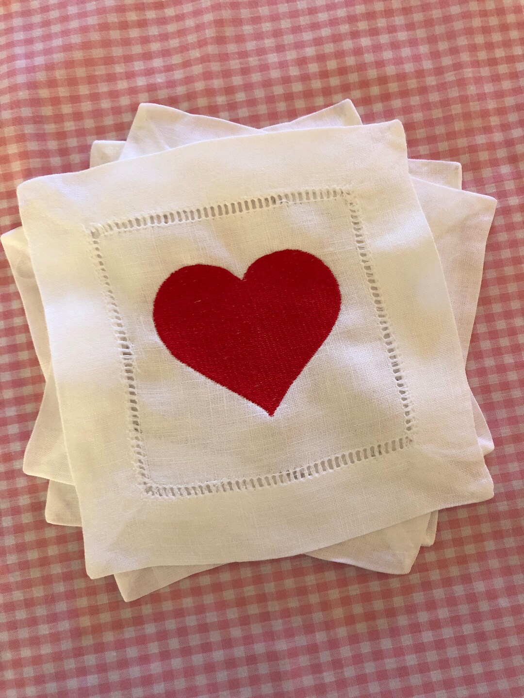 Set of 4 Heart Linen Cocktail Napkins - READY TO SHIP - Valentine's Day ...