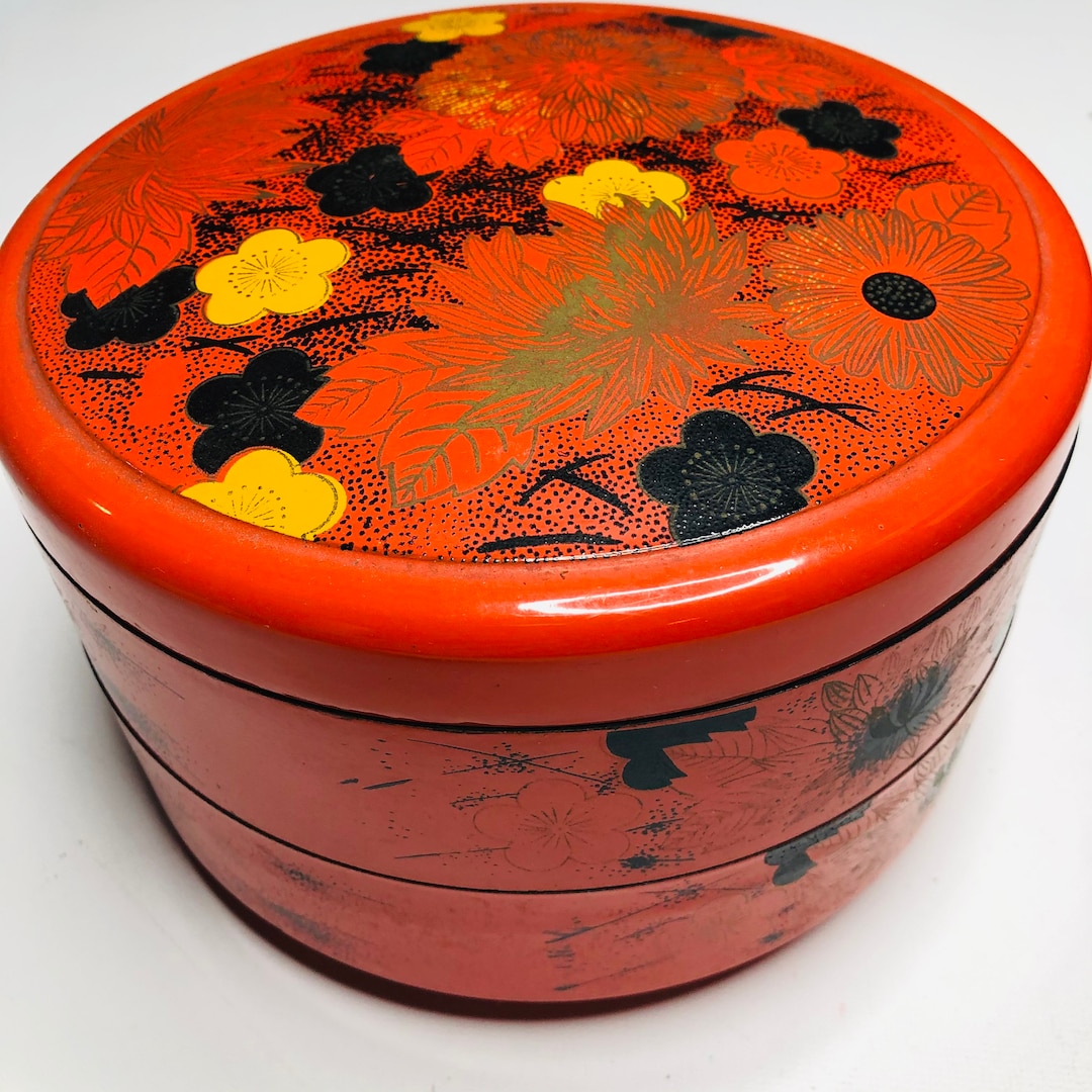 Vintage 60s Red Bento Box: Triple Layer Floral Storage - Etsy