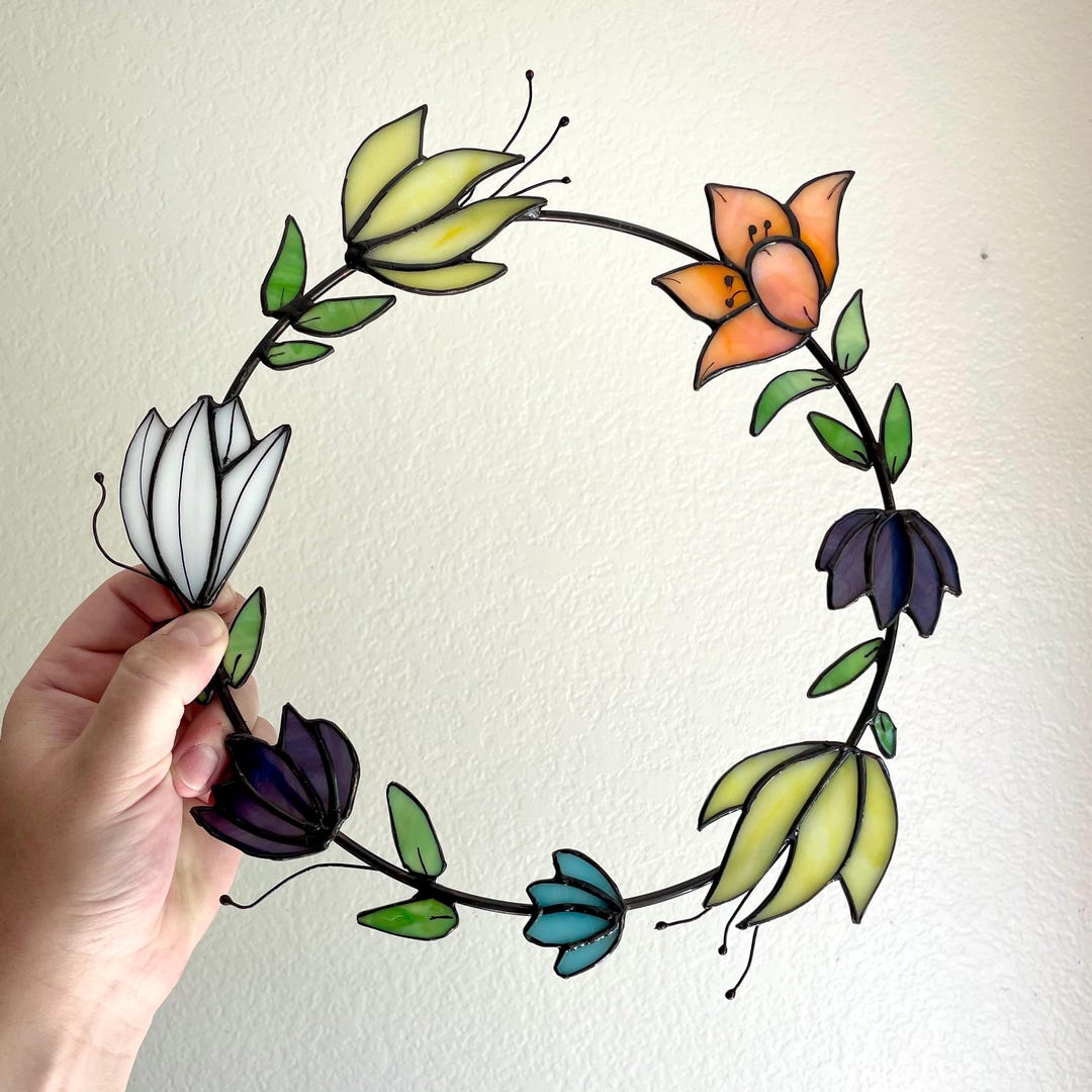 Handmade Tiffany Stained Glass Wild Flower Wreath - Color Suncatcher ...