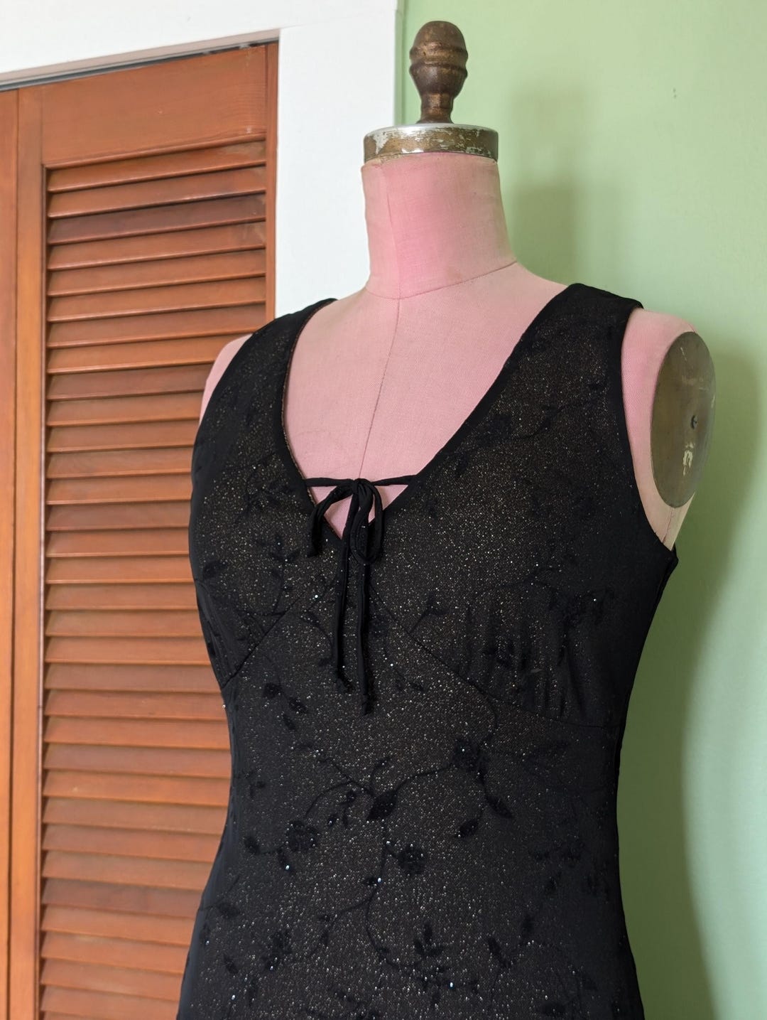 1990s Long Black Dress With Gold Lining and Floral Overlay Tie Detail ...