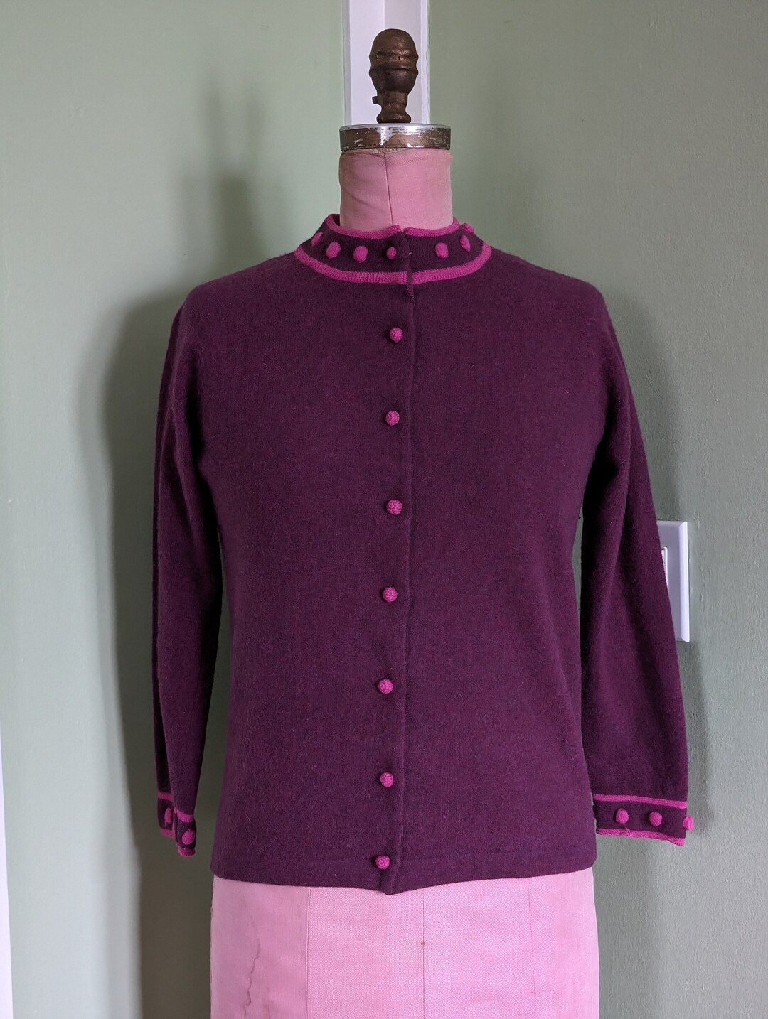 1950s Purple + Mauve Button Down Cardigan With Pom Pom Details - Etsy