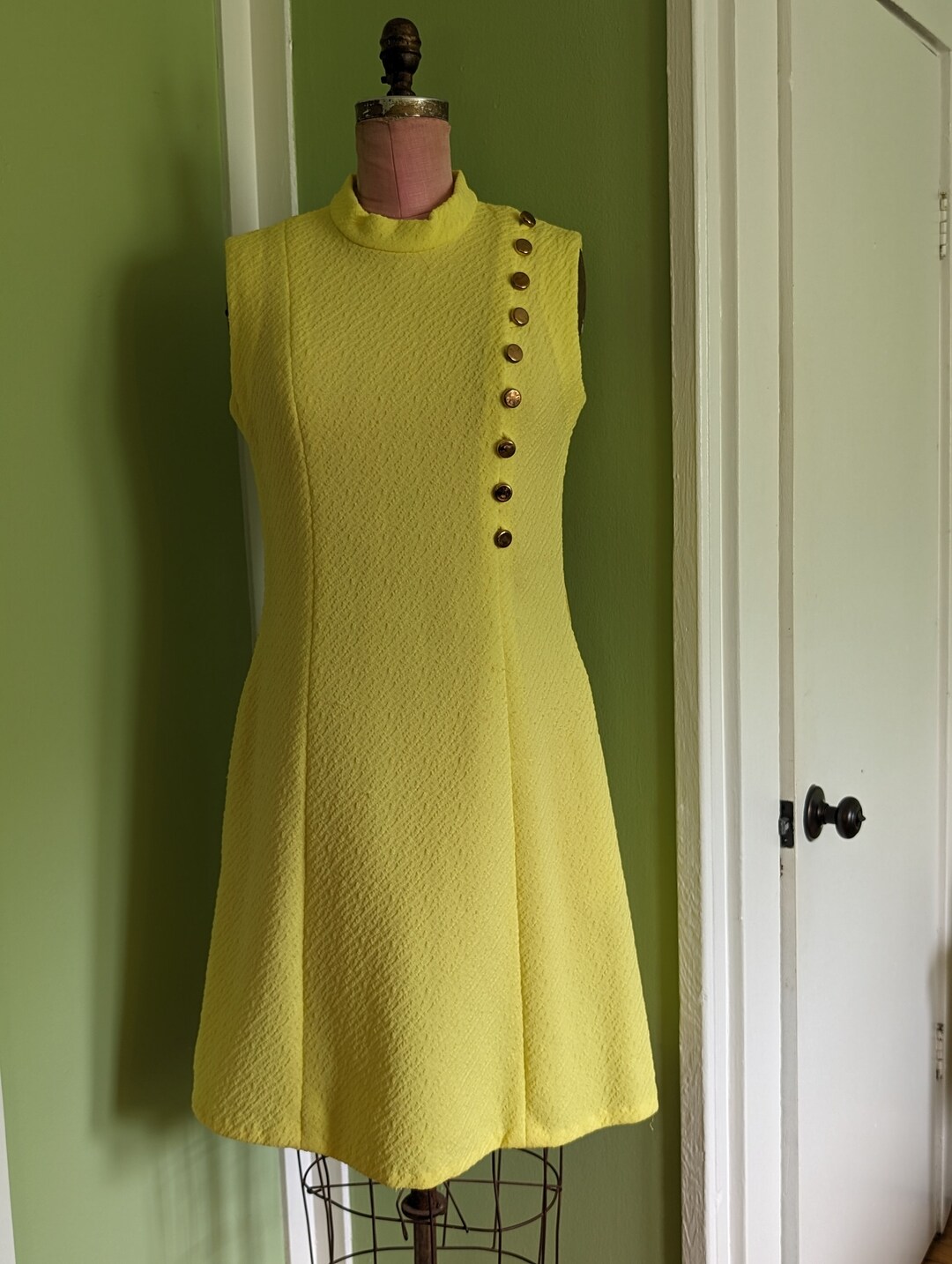1960s Yellow Dress With Asymmetrical Gold Buttons on Bust - Etsy