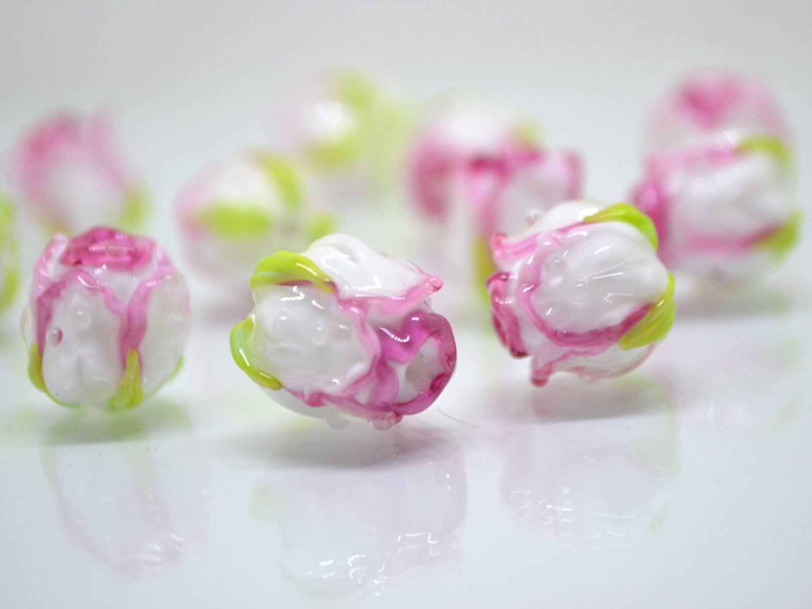 Amazing Pink White Rose Bud Beads, Lampwork Rosebud, Glass Rose Beads ...