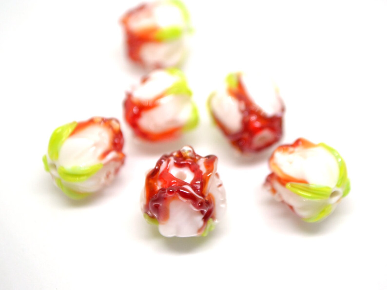 Red White Rosebud Beads, Red Floral Lampwork, Lampwork Earrings DIY ...