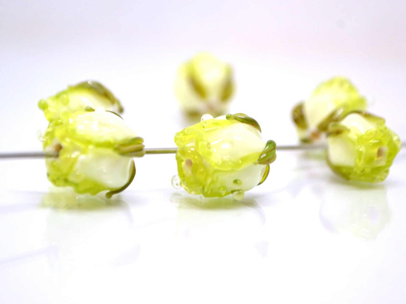 Green Yellow Rose Bud Beads, Lampwork Rose Beads, Salad Green Beads ...