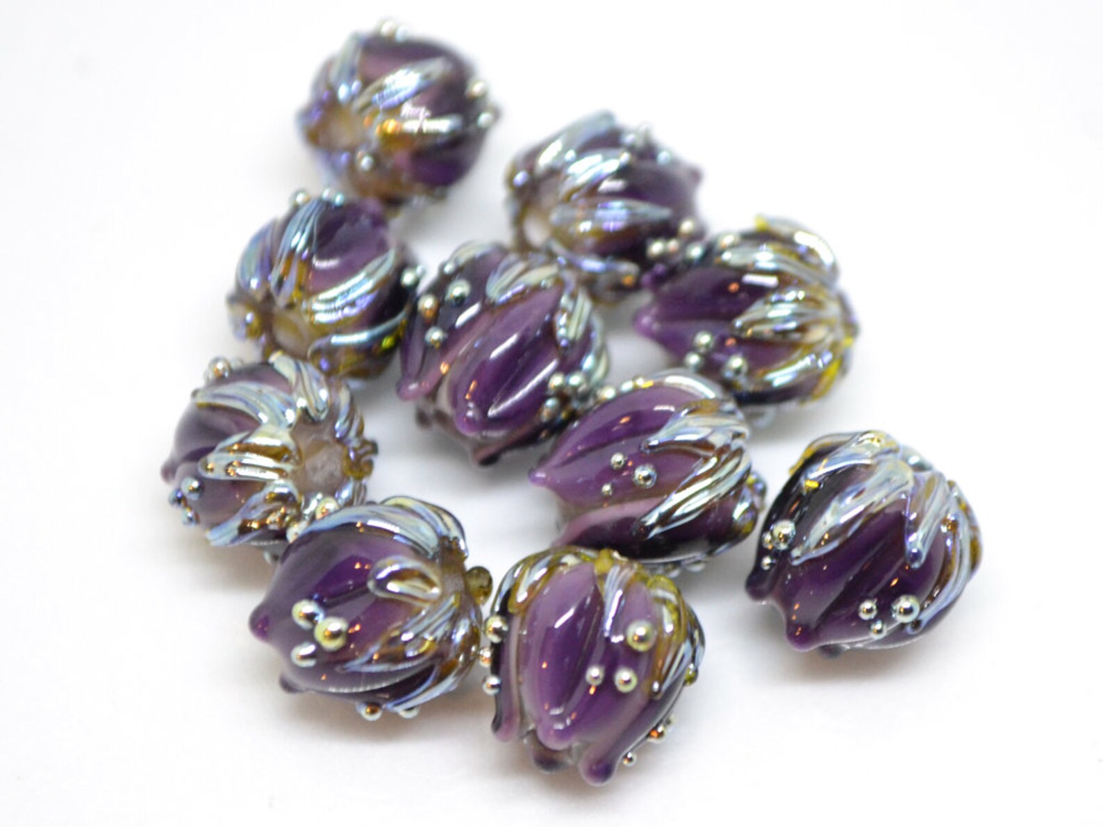 Dark Purple Flower Beads Silver Dots, 10mm Glass Beads, Artisan ...
