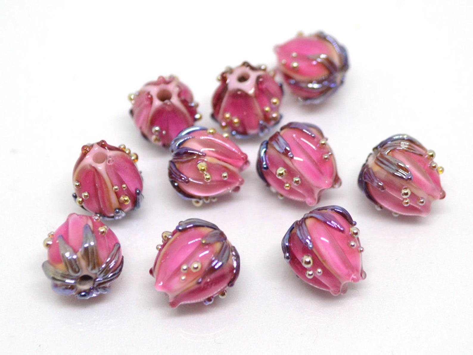 Bright Pink Flower Beads Silver 10mm Flower Beads Lampwork | Etsy