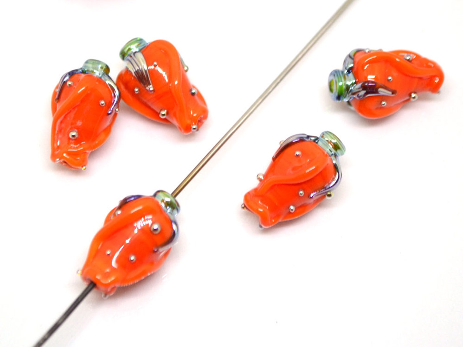 Orange Silver Twisted Rosebud Beads Flower Lampwork Bead SRA - Etsy