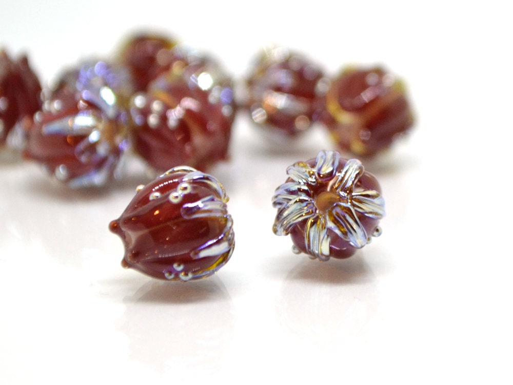 Flower lampwork bead 10mm Dark red flower bud with silver | Etsy
