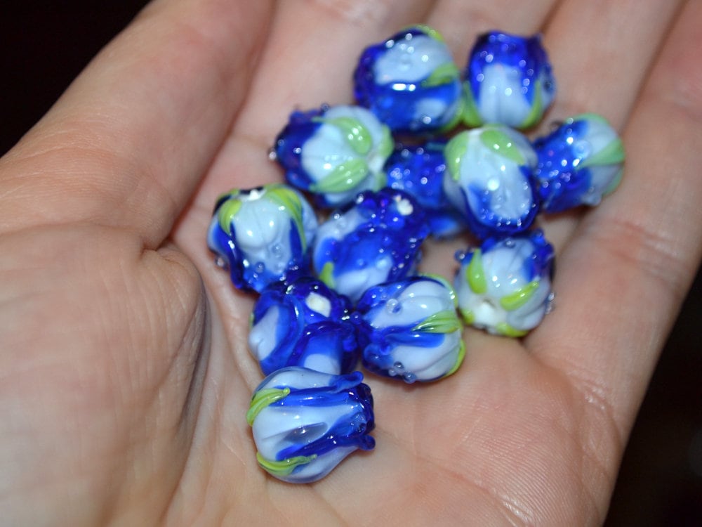 Blue rose bud beads Lampwork rose beads Cobalt blue beads | Etsy