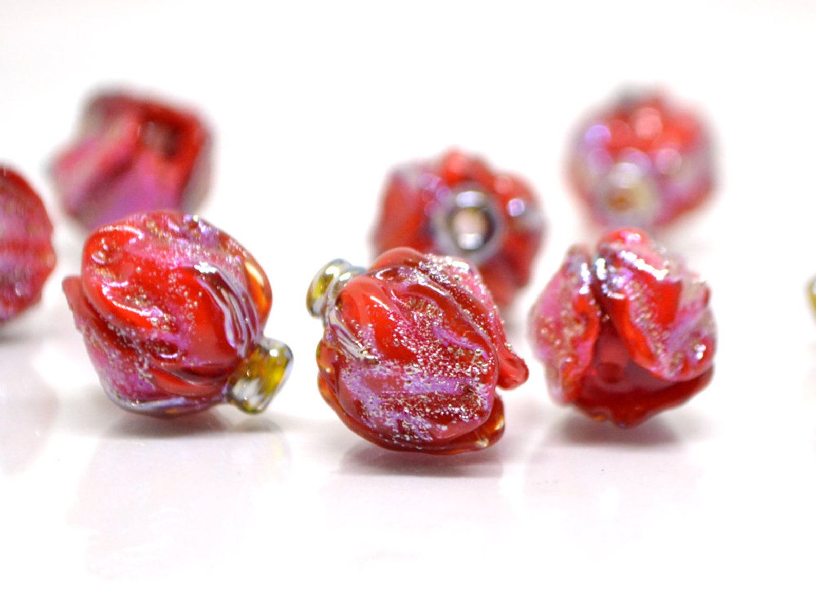 Scarlet Red Rose Bud Beads, Glitter Lampwork Bead, Stardust Flower ...