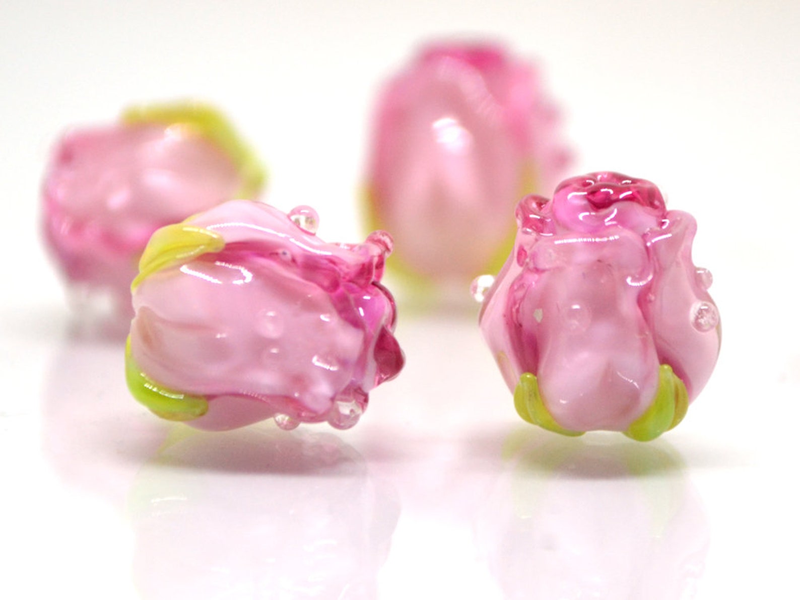 Bright Pink Rosebud Beads, Ombre Glass Beads, Gradient Floral Lampwork ...