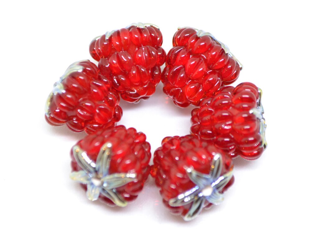Red Silver Lampwork Raspberry, Red Glass Berries, Gloss Lampwork Beads ...