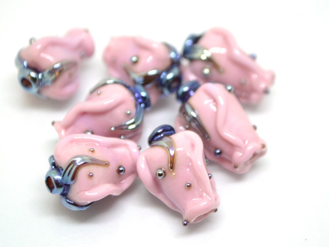 Pink Twisted Rosebud Beads, Opaque Pink Glass Rose Bud Bead, Flower ...