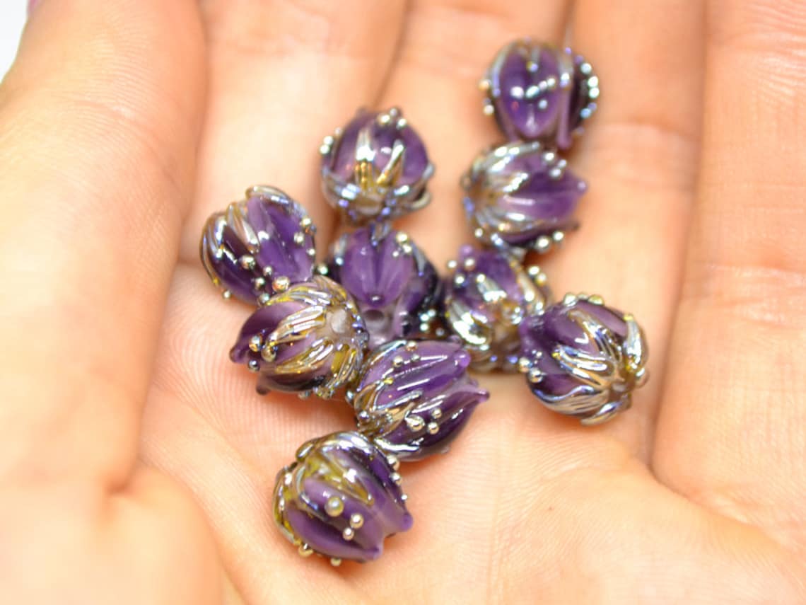 Dark Purple flower beads silver dots 10mm glass beads | Etsy
