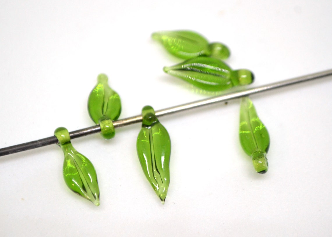 Green lampwork leaf beads Glass leaves Top drilled leaf beads | Etsy