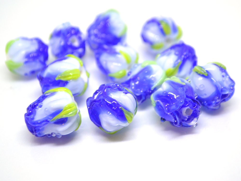 Blue rose bud beads Lampwork rose beads Cobalt blue beads | Etsy