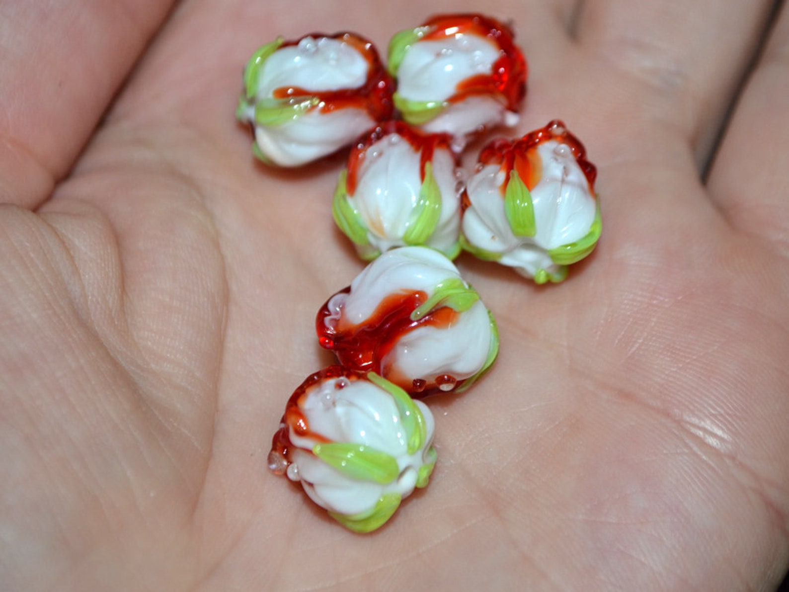 Red White Rosebud Beads, Red Floral Lampwork, Lampwork Earrings DIY ...