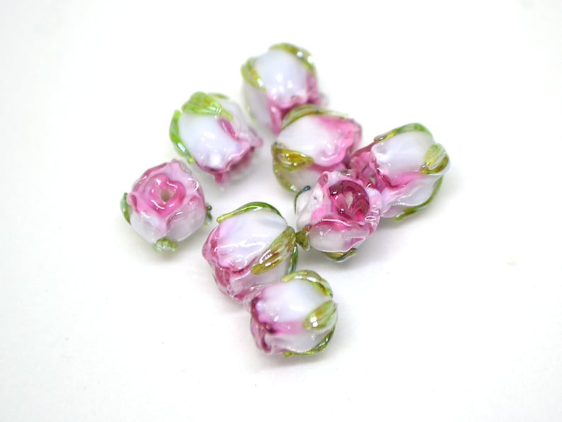 Pink White 8mm Rosebud Beads With Green Leaves, Pink Floral Beads ...