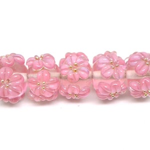 Pink Flower Beads, Clear Rondelle Beads With Flowers, Rondelle Lampwork ...