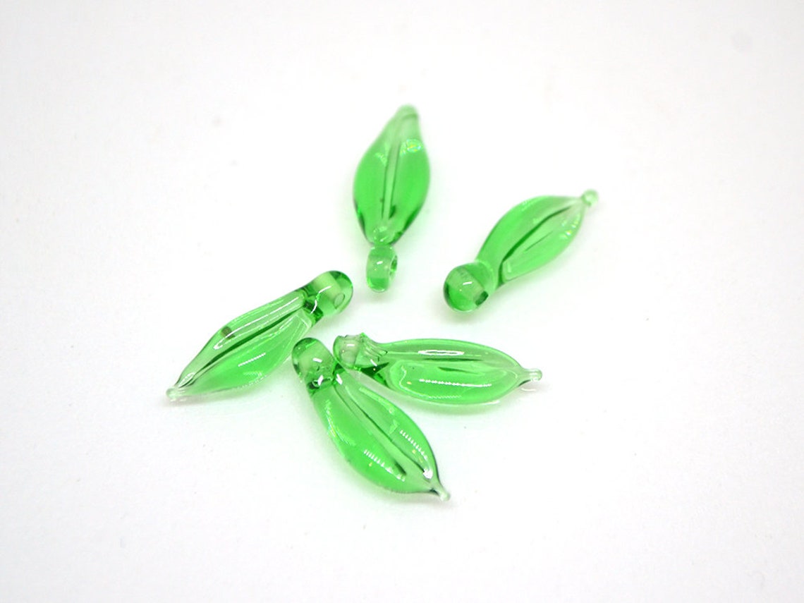 Peridot Green glass leaf beads Lampwork leaves Top drilled | Etsy