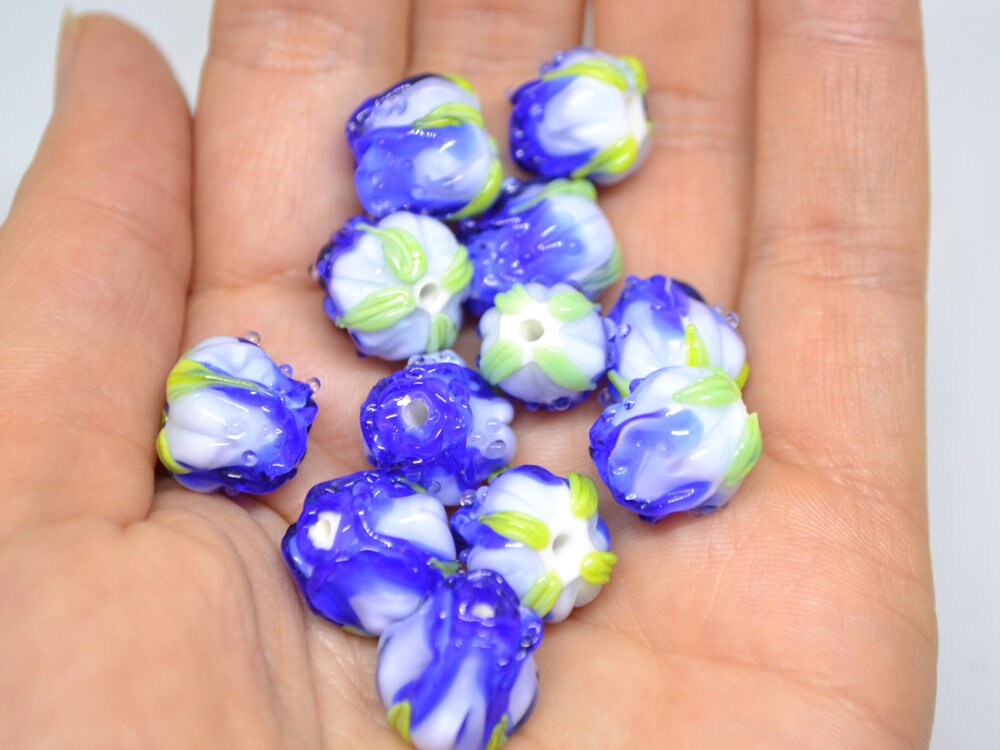 Blue rose bud beads Lampwork rose beads Cobalt blue beads | Etsy